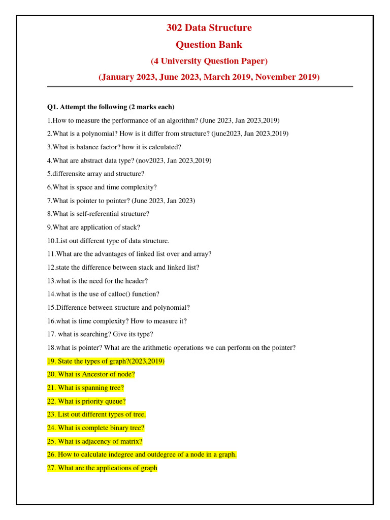 Data structure Question Bank(University Papers) | PDF | Time Complexity ...