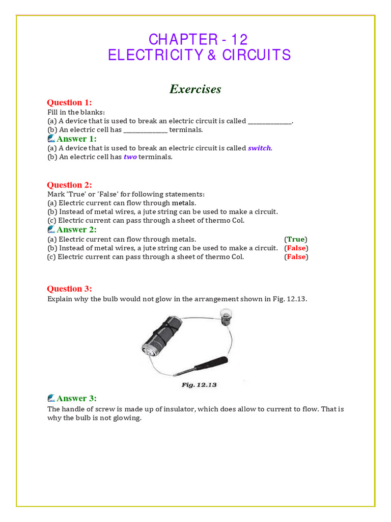 Chapter - 12 Electricity & Circuits: Exercises | Download Free PDF ...