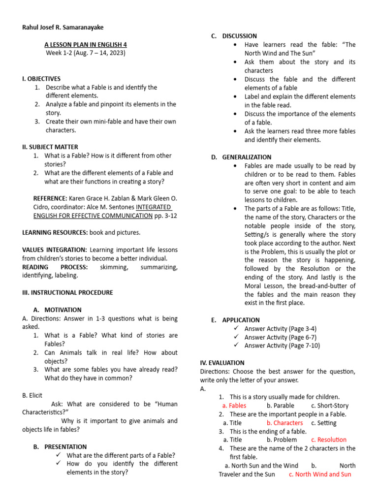 Grade 4 English LP | PDF | Fable | Learning