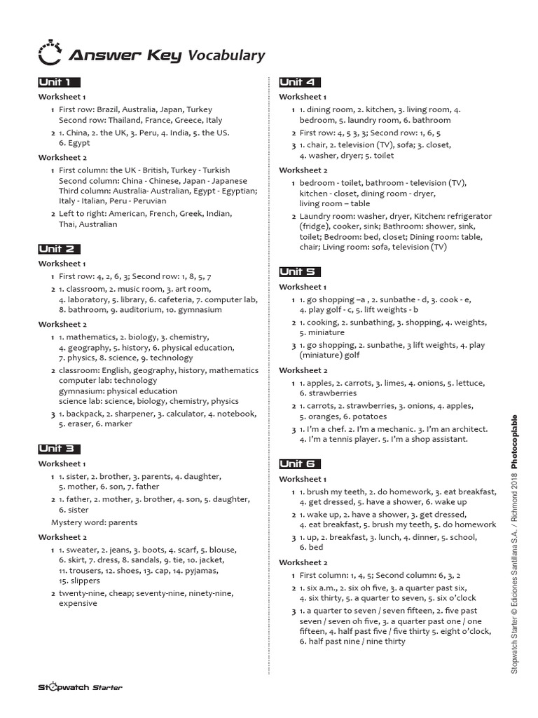 Vocabulary Answer Key for Worksheets | PDF | Room | Bedroom