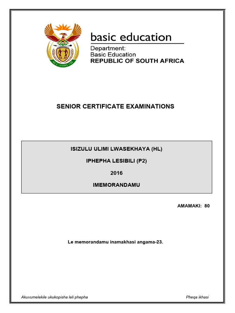 IsiZulu HL P2 May-June 2016 Memo | PDF | Southern Africa