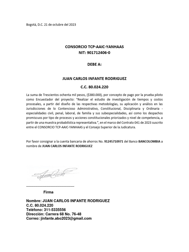 Formato Cuenta de Cobro - Consorcio TCP Juan Infante | PDF | Finanzas y dinero | Ciencias sociales