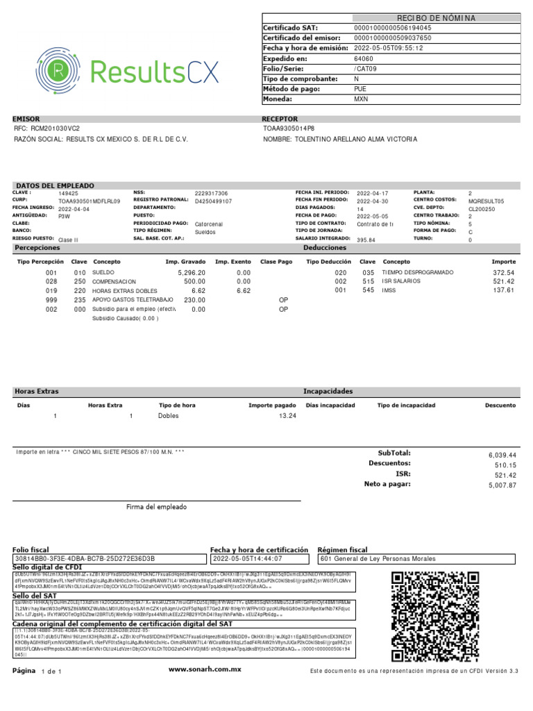 Recibo De Nomina 1 Pdf Compensación Laboral Sueldos Y Salarios
