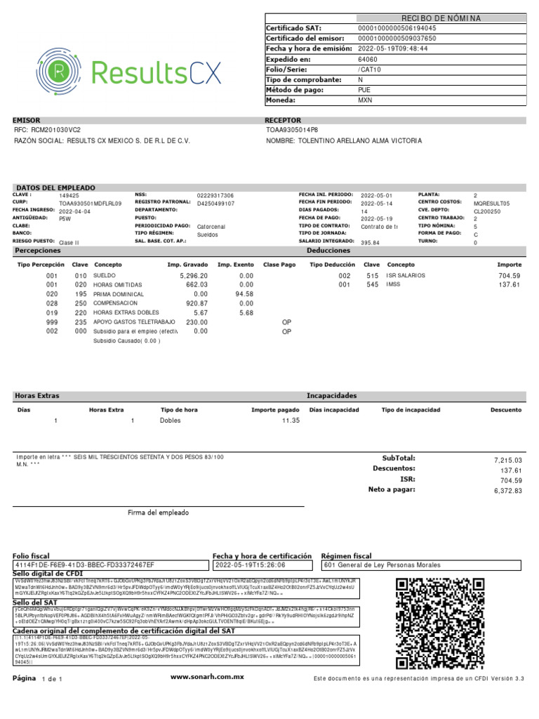 Recibo de Nomina 2 | PDF | Compensación laboral | Sueldos y salarios