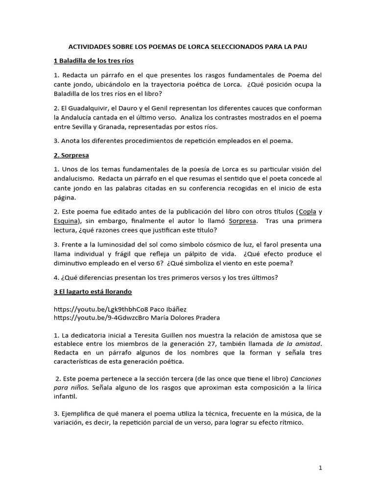 Actividades Sobre Los Poemas de Lorca Seleccionados para La Pau | PDF ...