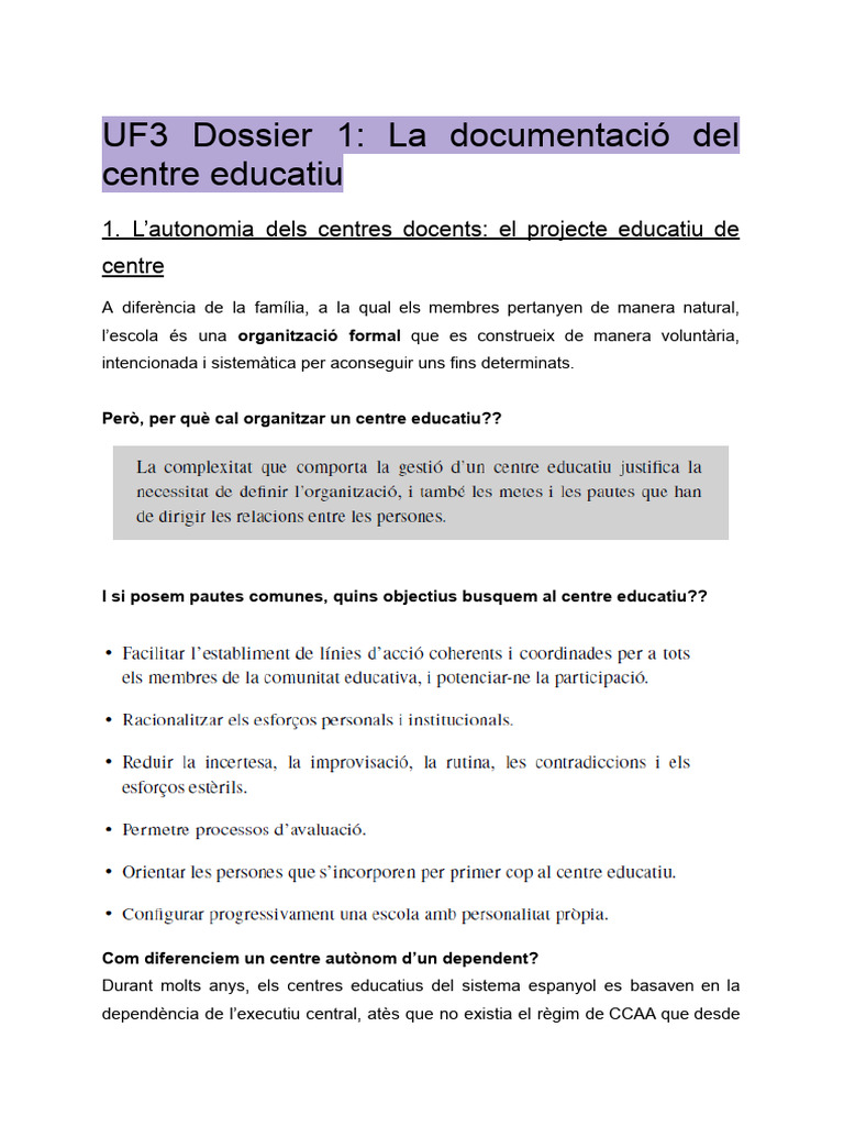 UF3 Dossier 1 La Documentació Del Centre Educatiu | PDF