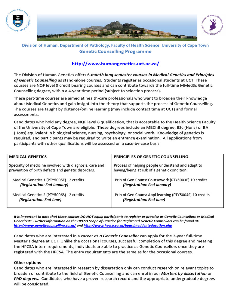 2023 Application Details Genetic Counselling UCT | PDF | Genetic Counseling | Academic Degree