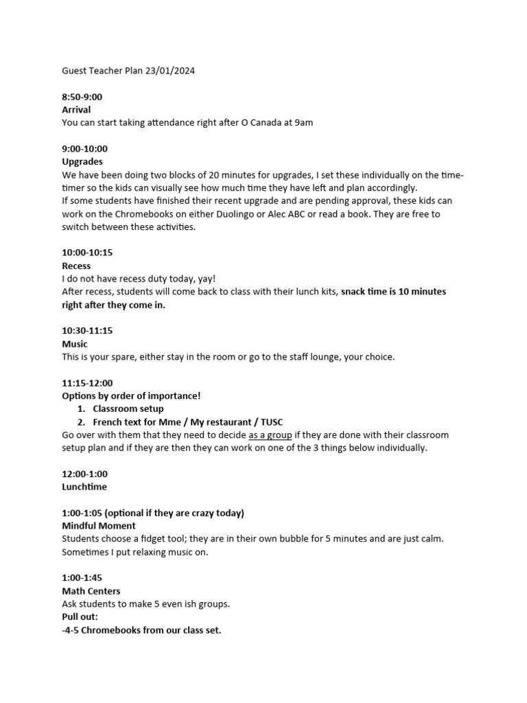 Guest Teacher Plan (Day 6) 23.01.2024 | PDF | Classroom