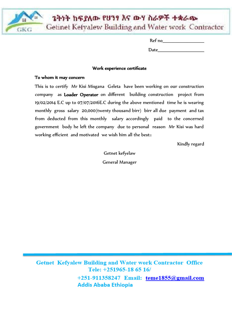 Getnet Kefyalew Building and Water Work Contractor Office Tele: +251965 ...