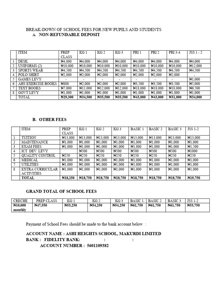Abridged New School Fees 18082023 Ashi Heights Schools | PDF | Cooking ...