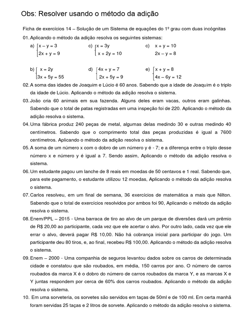 14 Método Da Adição Solução De Um Sistema De Equações Do 1º Grau Com