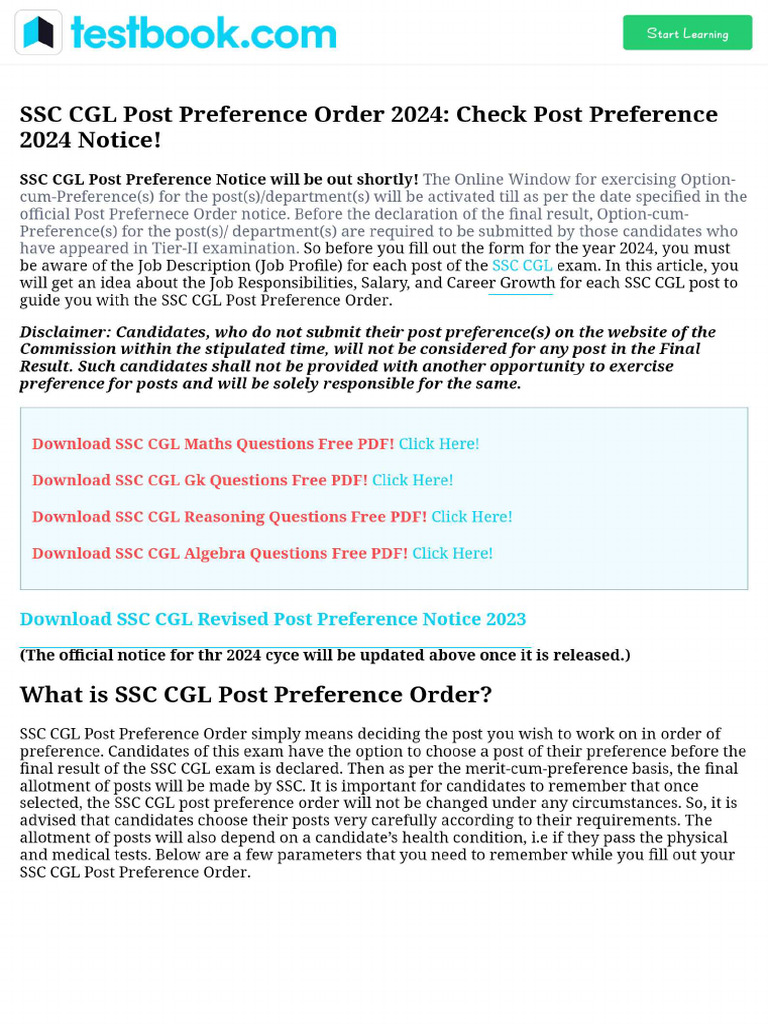 SSC CGL Post Preference Order 2024 - Check Post Preference 2024 Notice! | PDF