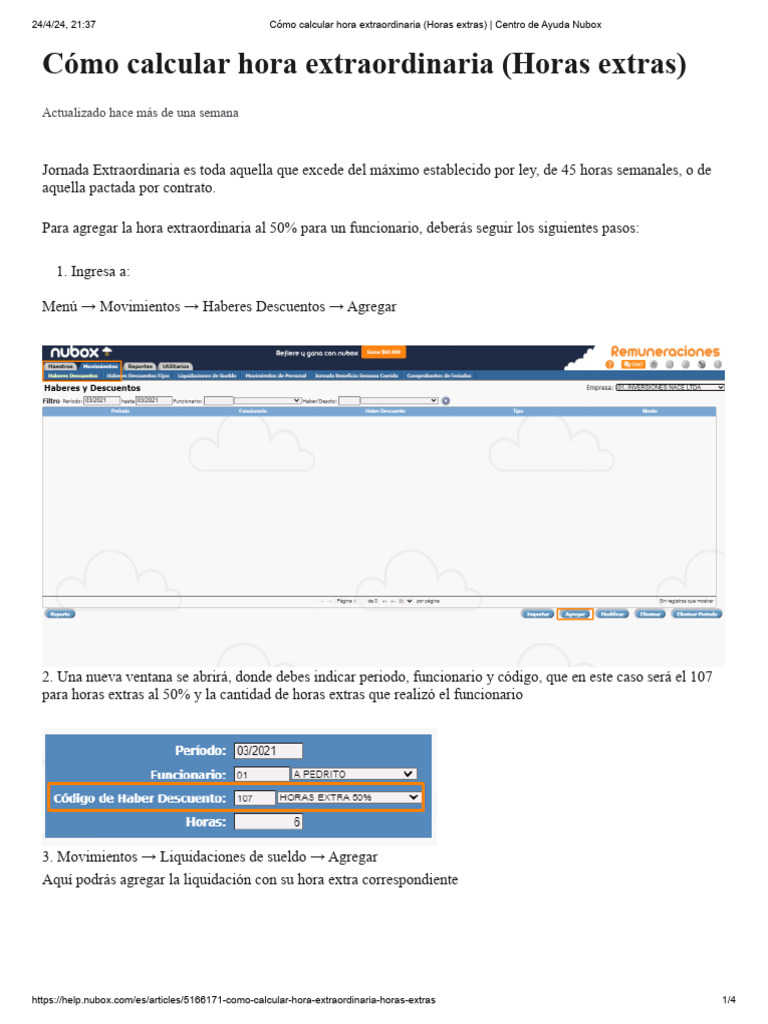 Cómo Calcular Hora Extraordinaria (Horas Extras) - Centro de Ayuda Nubox | PDF