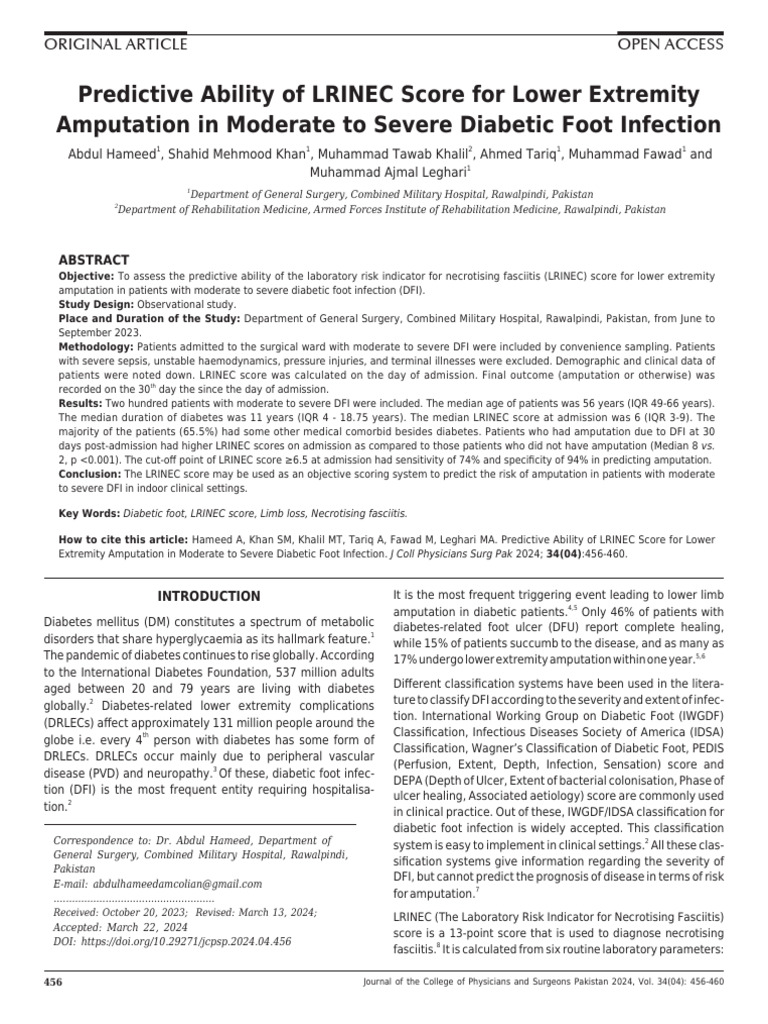 Predictive Ability of LRINEC Score For Lower Extremity Amputation in ...