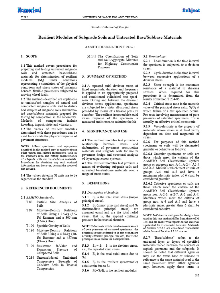 Resilient Modulus of Subgrade Soils and Untreated Base/Subbase Materials | PDF | Young's Modulus ...