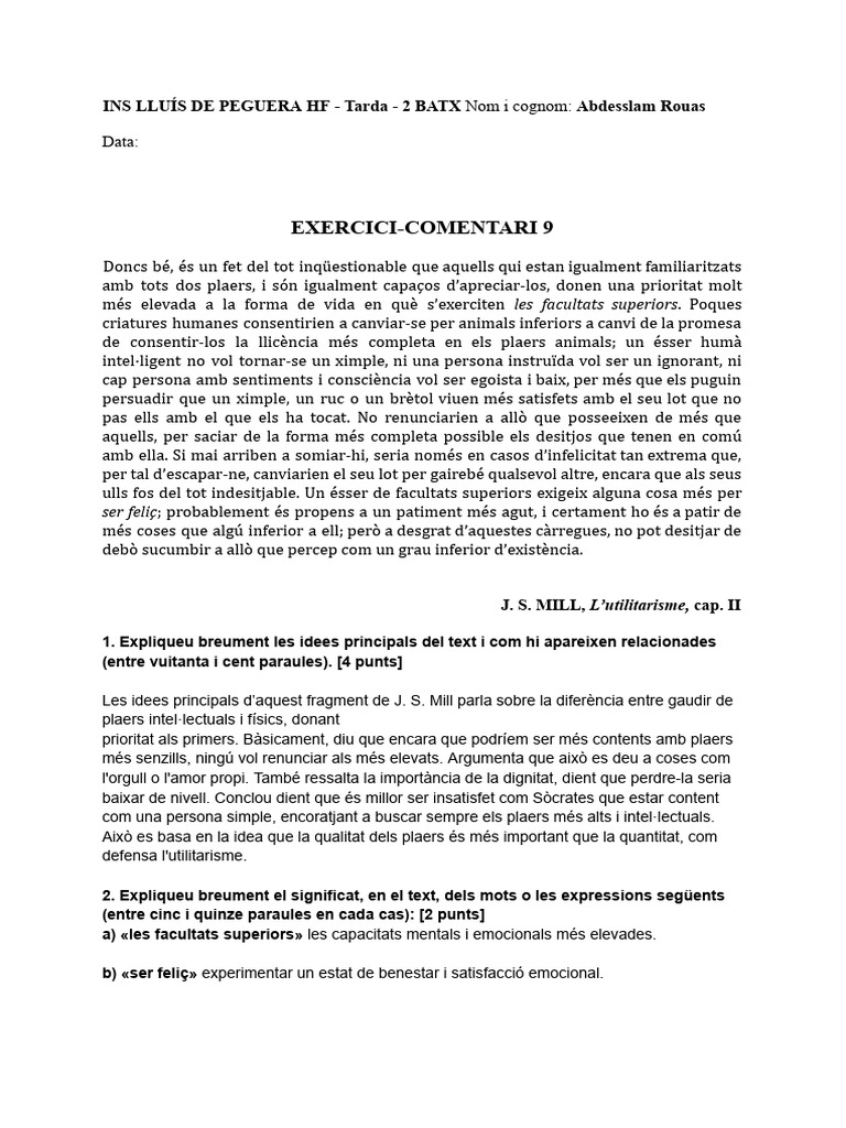 Exercici-Comentari 9 - J. S. Mill - Utilitarisme | PDF