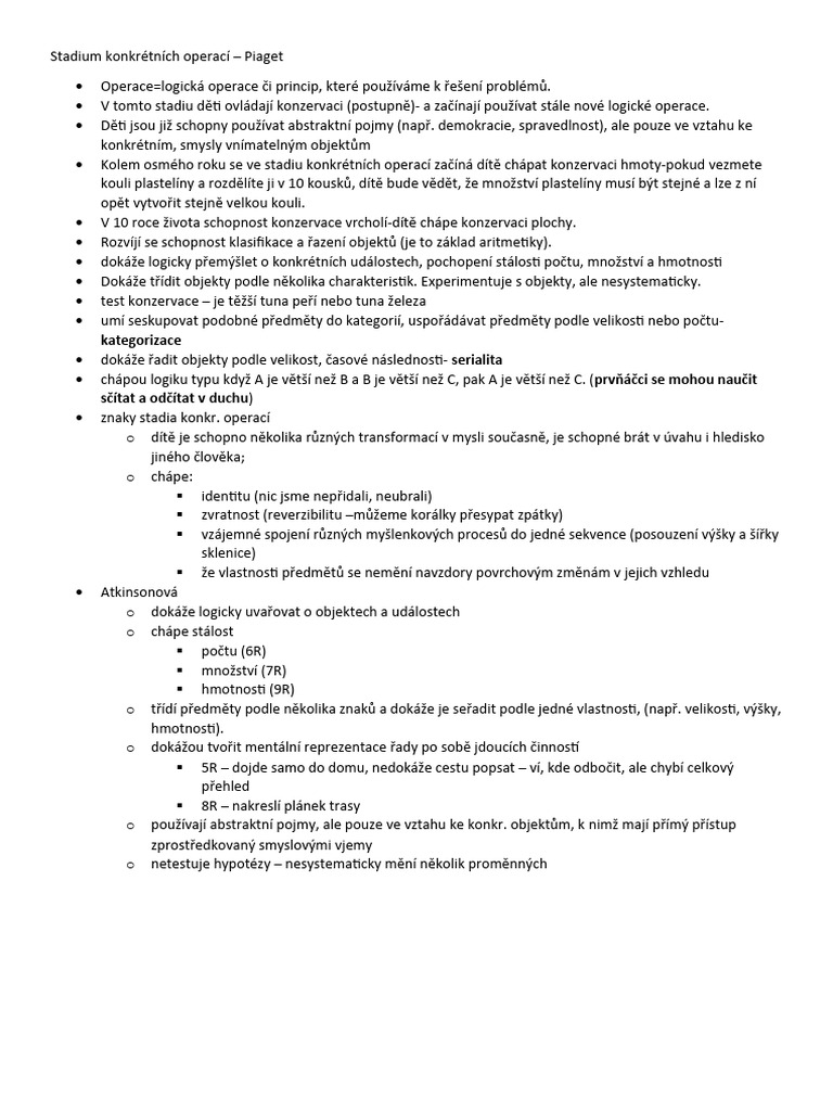 Stadium Konkrétních Operací Piaget | PDF