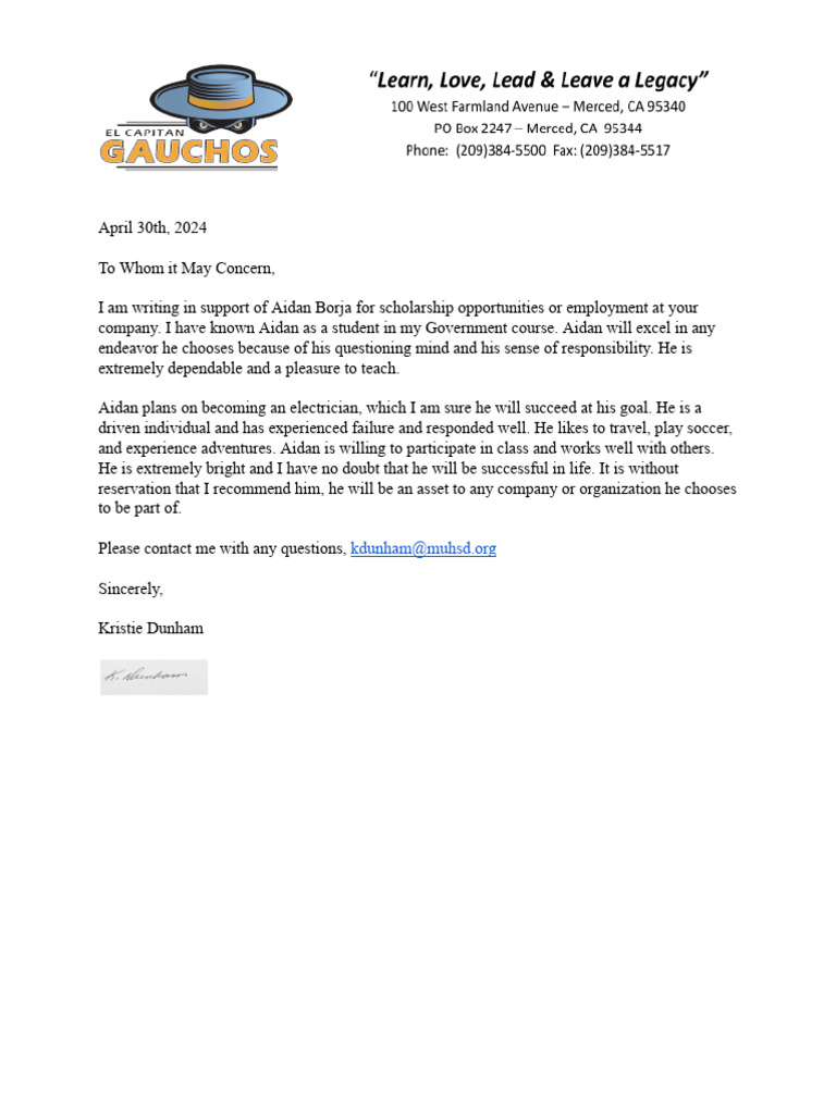 Recommendation for Aidan Borja's Scholarship | PDF | Self-Improvement ...