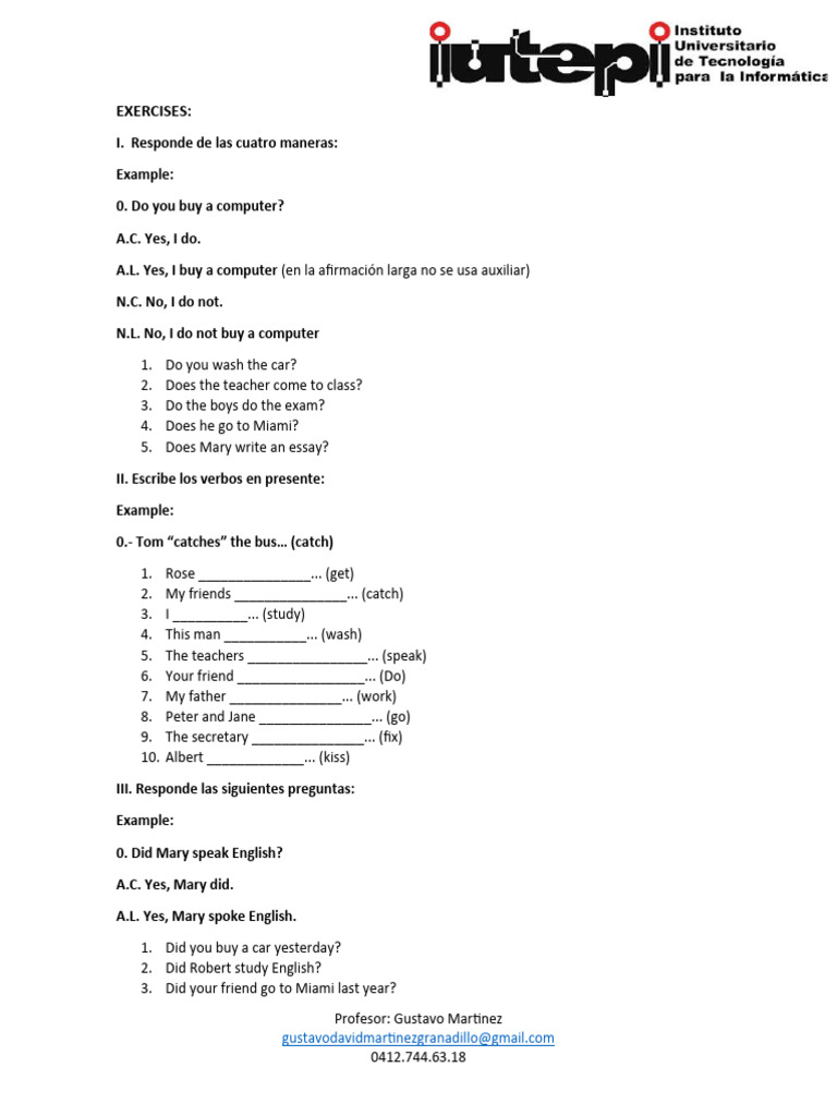 Ejercicios Pronombres Personales e Interrogativos Do Does Did | PDF