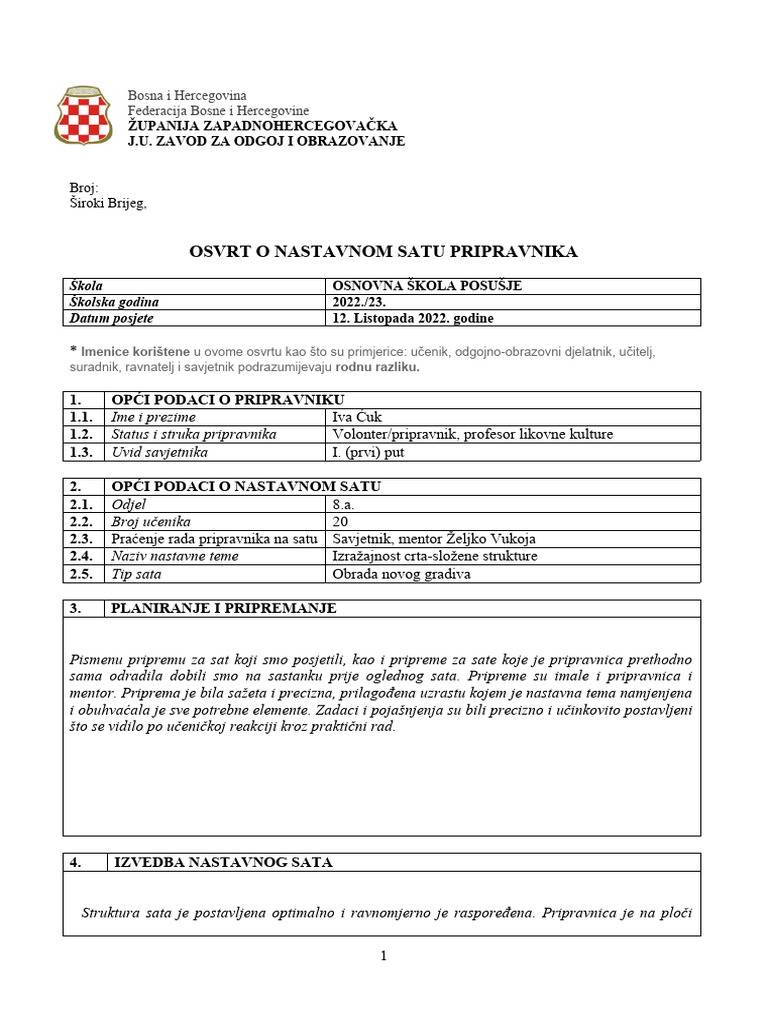 Osvrt o Nastavnom Satu Pripravnice Ive Ćuk | PDF