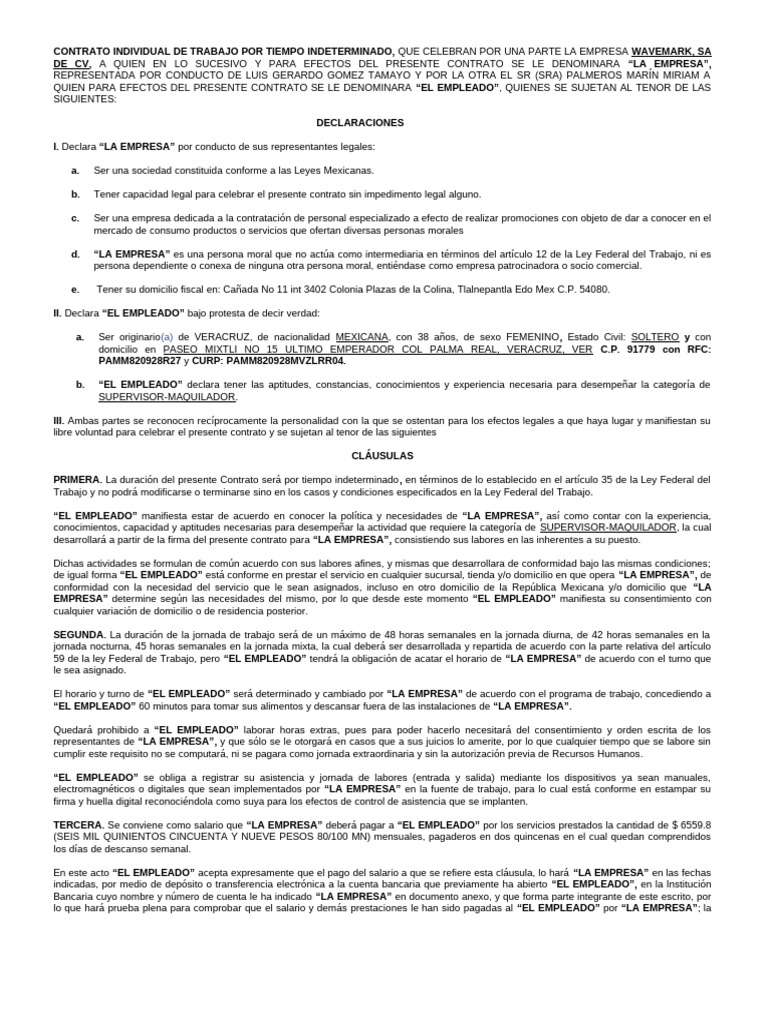 Contrato Ind Trabajo MIRIAM | PDF | Acoso sexual | Discriminación