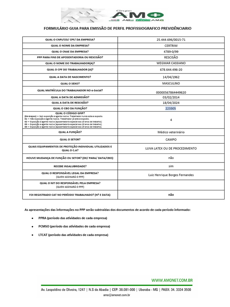 Formulário Guia para Emissão PPP | PDF
