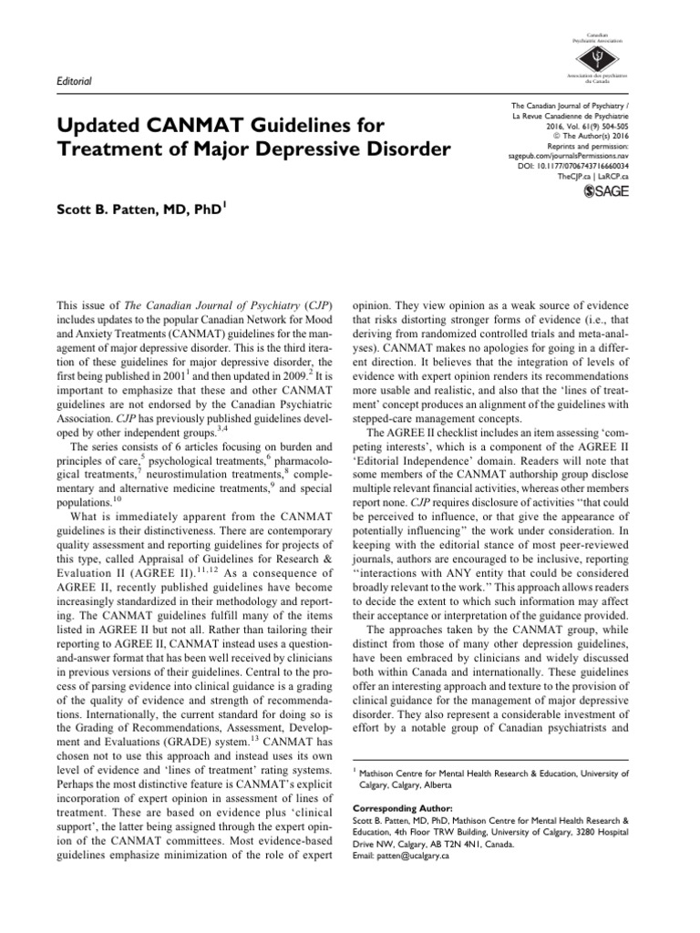 CANMAT 2016 MDD Guidelines - Can J Psychiatry 2016 | PDF ...