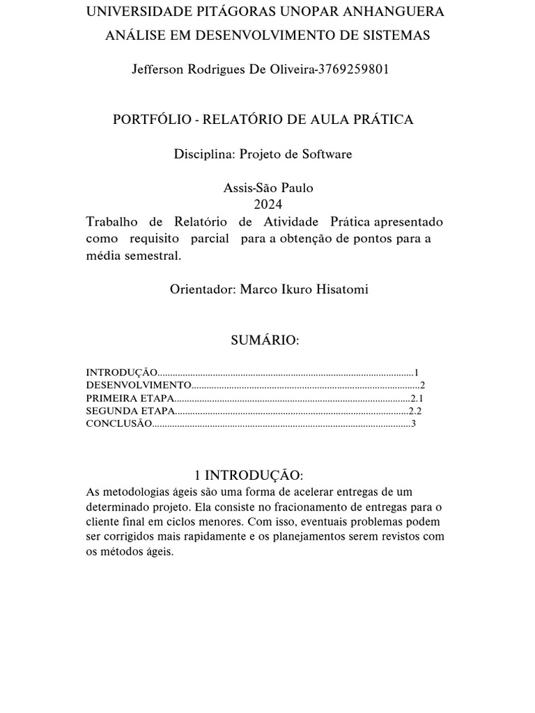Relatorio-aula-pratica-projeto-de-software | PDF | Desenvolvimento ágil de software | Informática