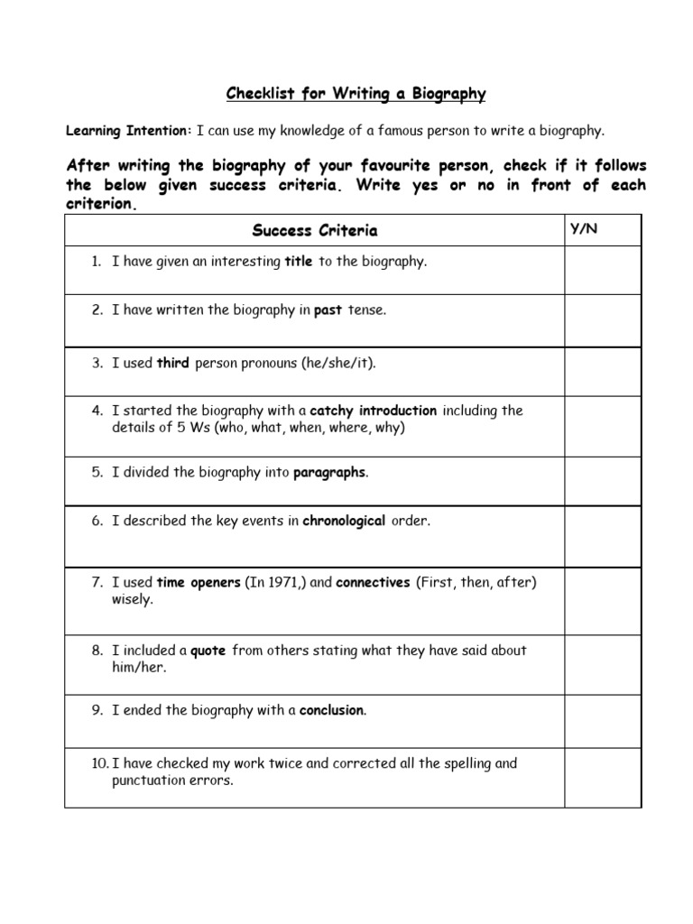 Checklist For Writing A Biography | PDF