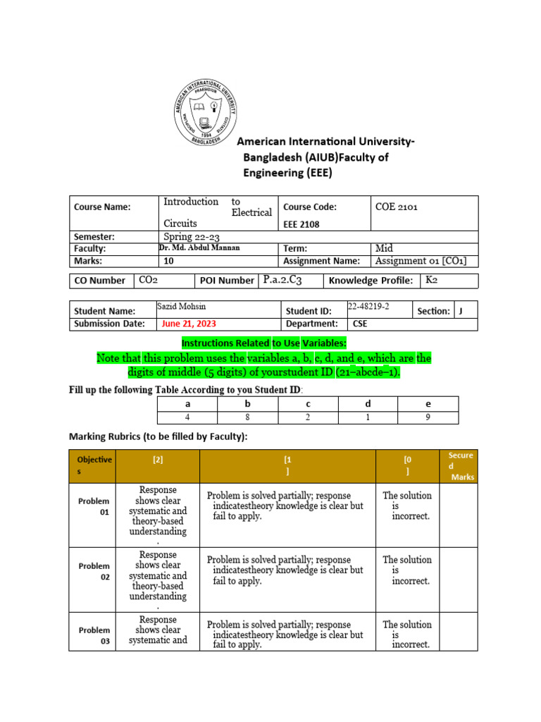 Electrical Circuits Assignment AIUB | PDF | Electrical Resistivity And ...
