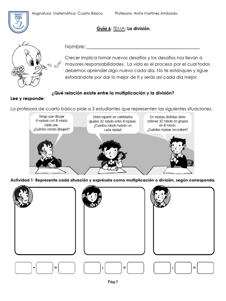 Guía de Divisiones para Cuarto Básico | PDF | División (Matemáticas ...