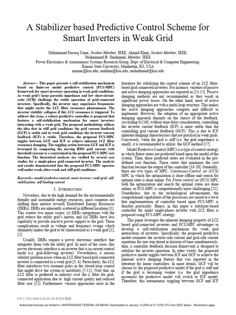 A Stabilizer Based Predictive Control Scheme For Smart Inverters in Weak Grid | PDF | Power ...