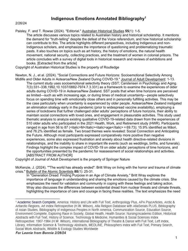 Indigenous Emotions Annotated Bibliography 2-2024 2 | PDF | Cognitive Behavioral Therapy ...