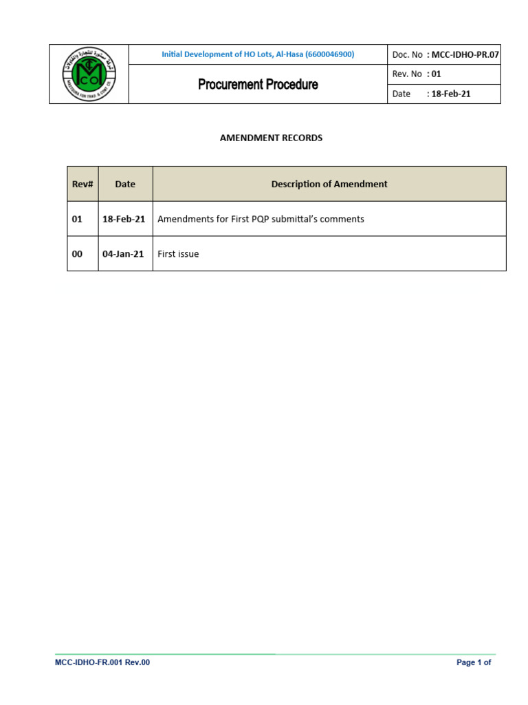 PR.07 Procurement Procedure 01 | PDF | Warehouse | Procurement