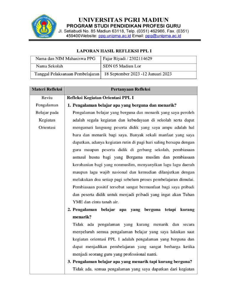 B5-3 Unggah LK 6 - Laporan Hasil Refleksi PPL 1 Yottd | PDF