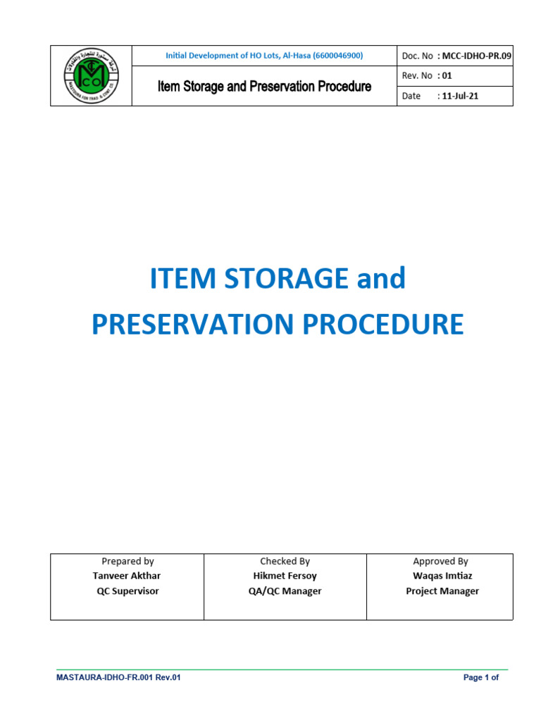 Item Storage & Preservation Procedure | PDF | Pipe (Fluid Conveyance ...