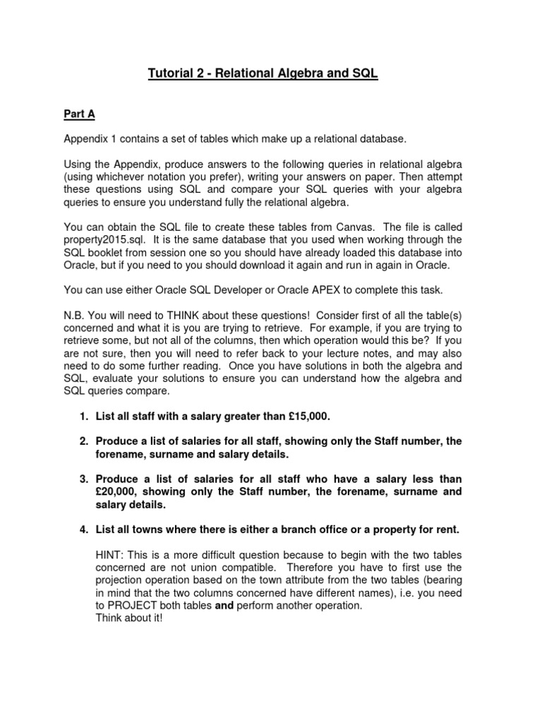 Relational Algebra Tutorial Two | PDF | Relational Model | Table (Database) Relational Algebra Tutorial Two | PDF | Relational Model | Table (Database)