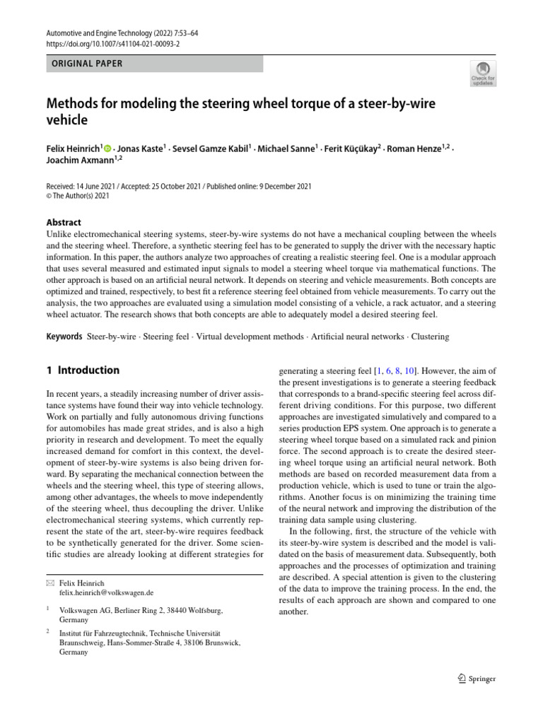 Methods For Modeling The Steering Wheel Torque of A Steer by Wire ...