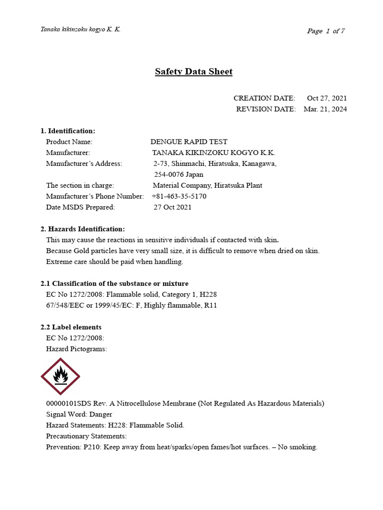 Dengue Rapid Test (Sds - 240321) | PDF | Combustion | Water