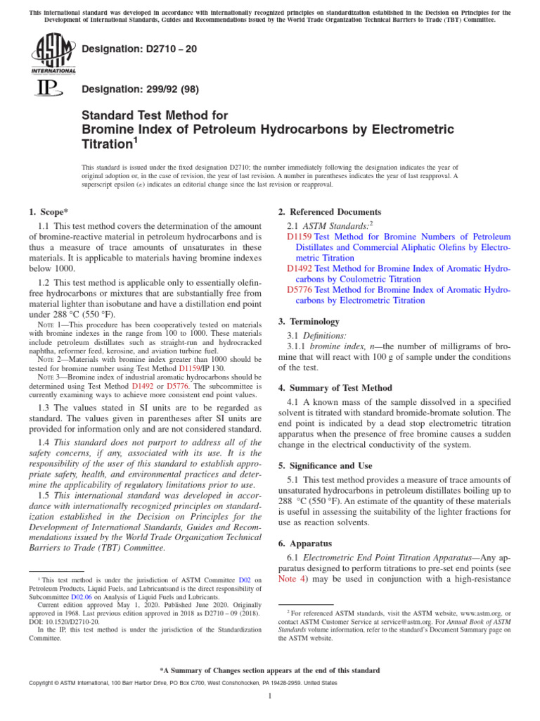 Bromine Index of Petroleum Hydrocarbons by Electrometric Titration | PDF | Sulfuric Acid | Titration