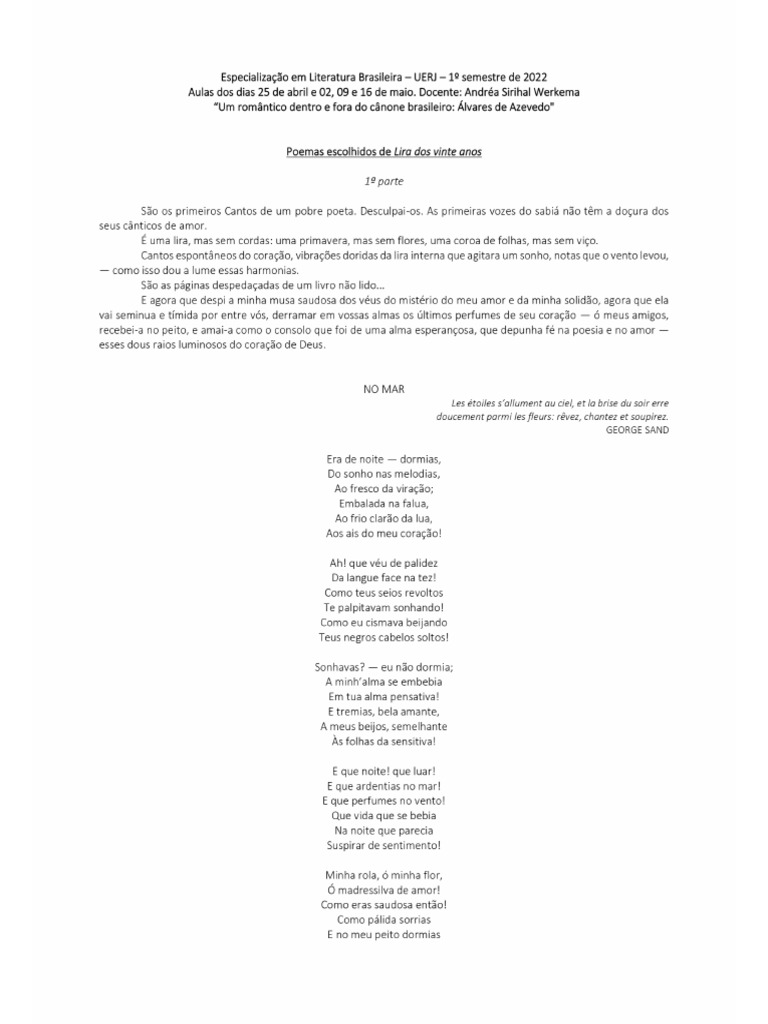 Apostila - Poemas Escolhidos de Lira Dos Vinte Anos | PDF