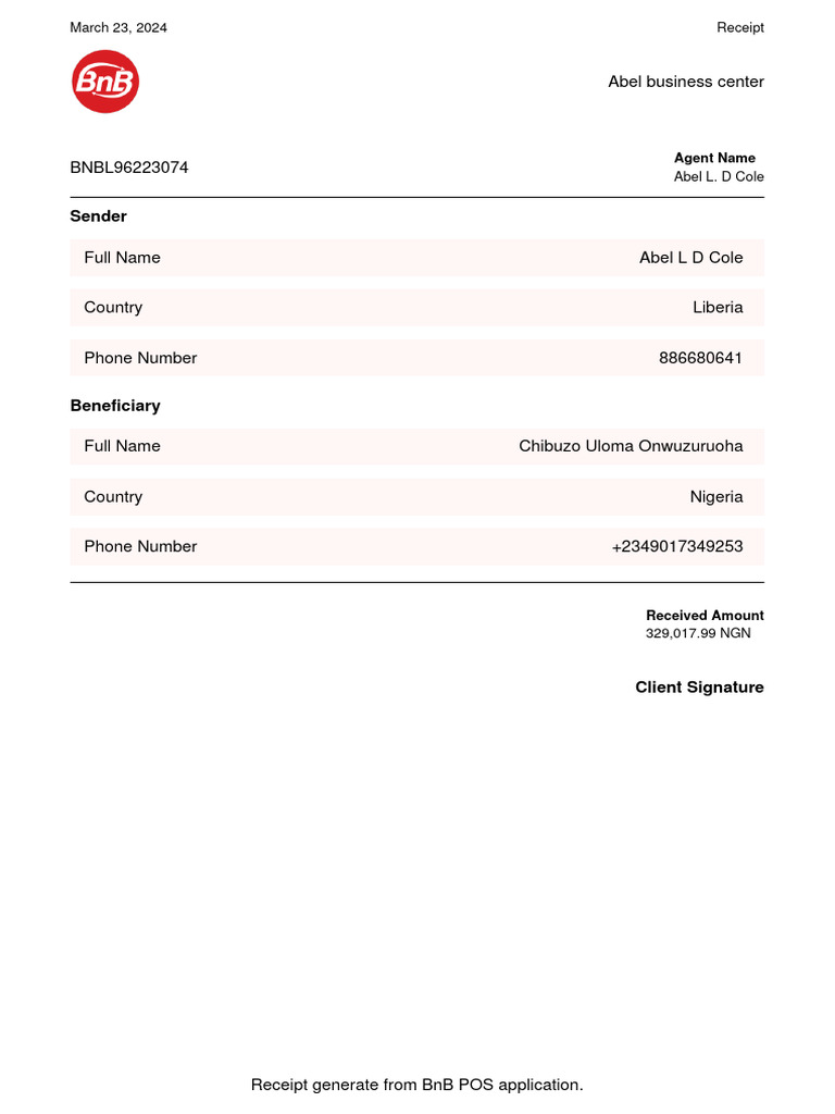 BnB POS Transaction Receipt | PDF