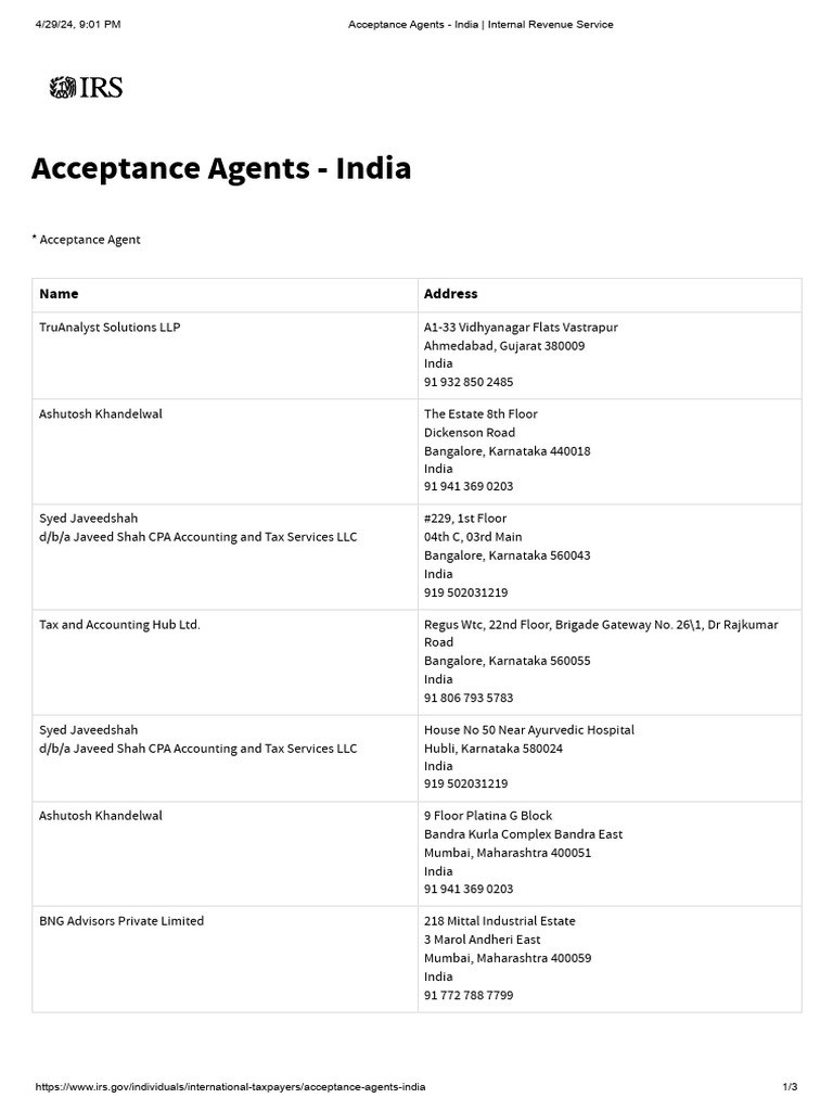 Acceptance Agents - India - Internal Revenue Service | PDF
