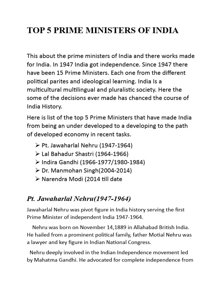 Top 5 Prime Ministers of India | PDF | Jawaharlal Nehru | Narendra Modi