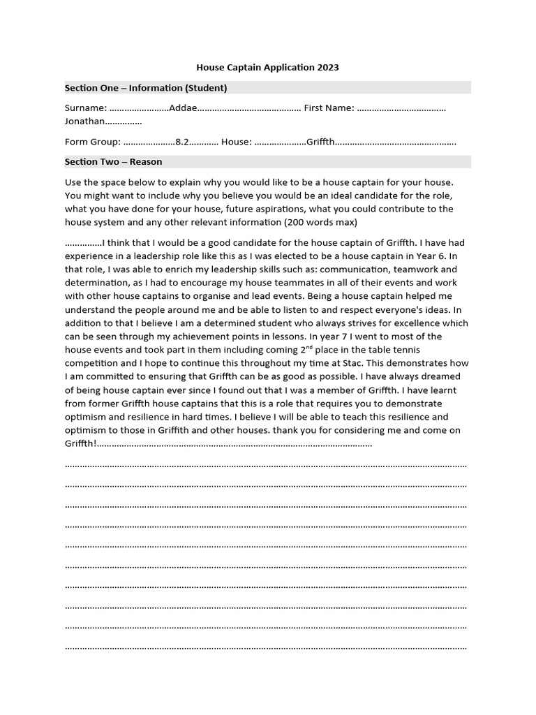 House Captain Application 2023 - Jon 2 | PDF | Social Psychology