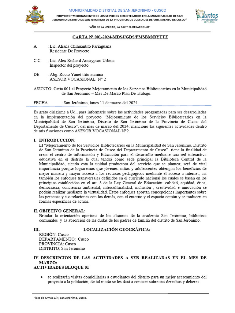 Carta 001 Plan de Trabajo Marzo Rocio | PDF