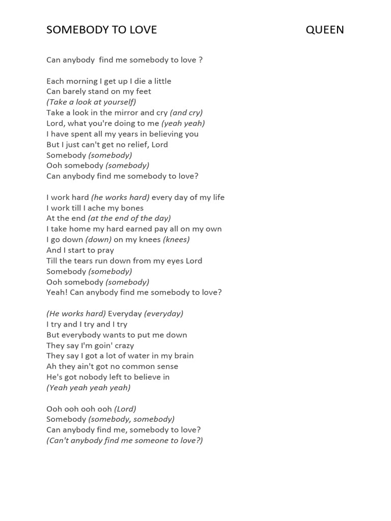 Queen's "Somebody to Love" Lyrics | PDF