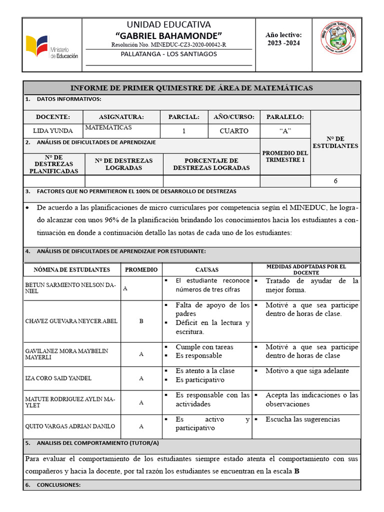 Informes de Aprendizaje 4to | Descargar gratis PDF | Aprendizaje