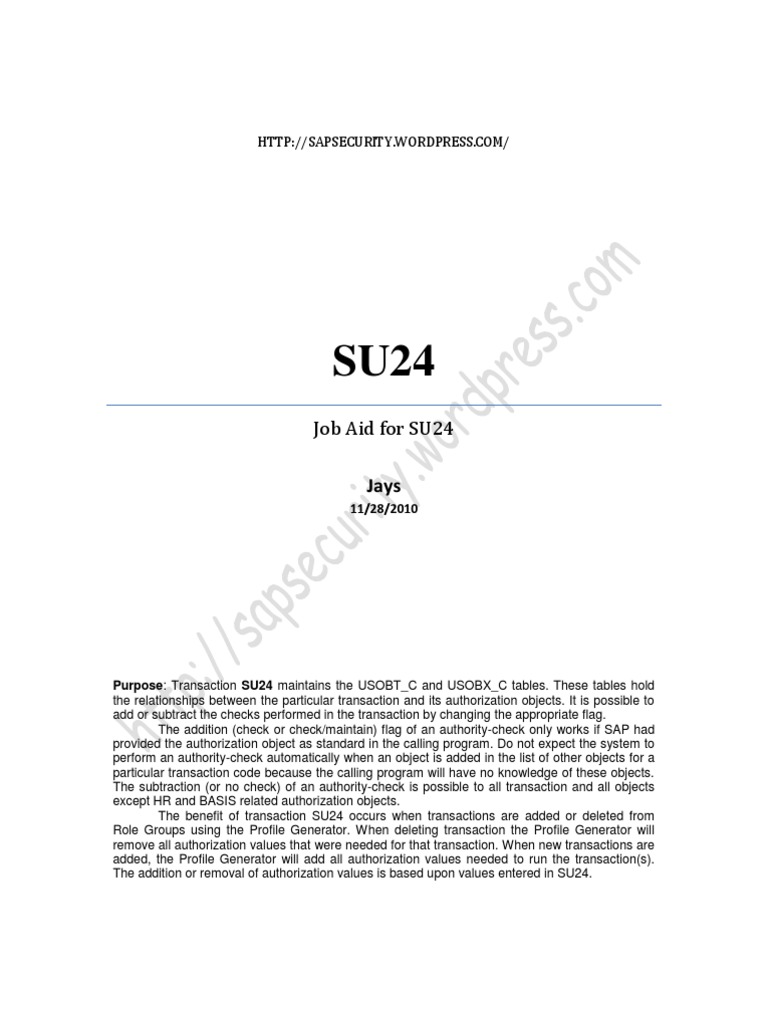 Job Aid For SU24: Purpose: Transaction SU24 Maintains The USOBT - C and ...