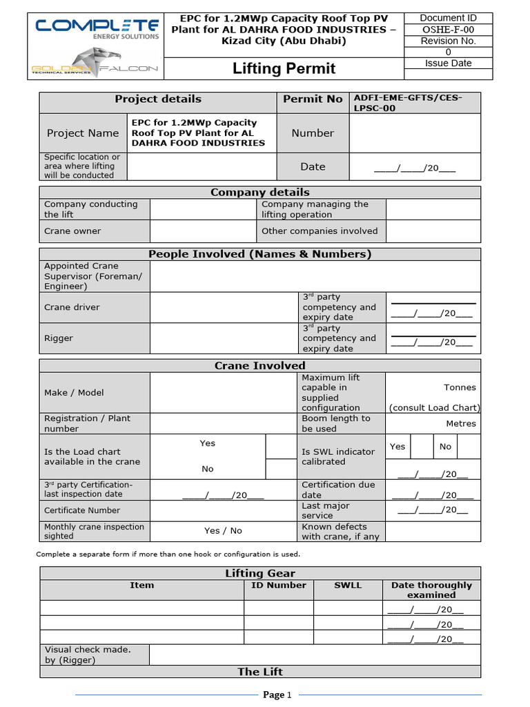 EHS-F-12 Lifting Operations Permit | PDF | Crane (Machine)